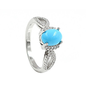 8X6 MM Oval Natural Blue Turquoise Cabochon 925 Sterling Silver December Birthstone Solitaire Unisex Proposal Ring Valentine Day Gift For Girlfriend Gift (Rhodium Plated Silver, 8)