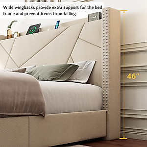 iPormis Queen Storage Bed Frame with 4 Drawers, Upholstered Bed Frame with Minimalist Wingback Headboard and Charging Station, No Box Spring Needed, Beige