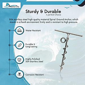 MARINE CITY 304 Grade Stainless Steel Long Grip Spiral Ground Anchor with an O-Ring for Boat Mooring on Beach – Camping Tent – Screw Dog Tie-Out Stake Backyard (Pack of 2)