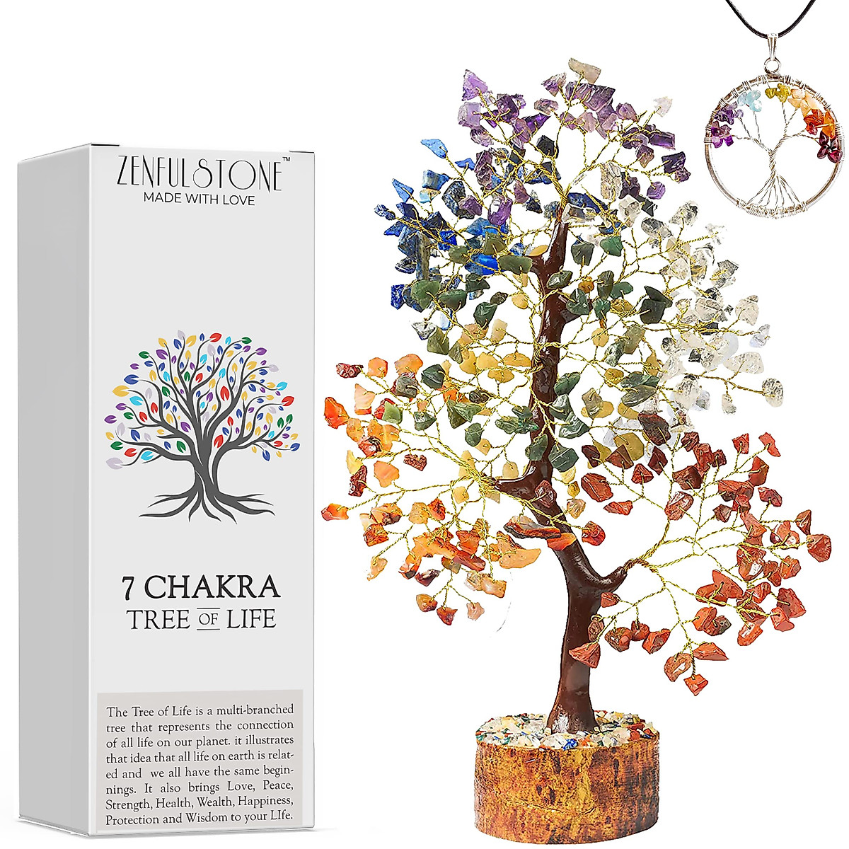 Zenfulstone 7 Chakra Tree of Life | Crystal Tree for Positive Energy - Meditation | Feng Shui Money Bonsai Tree | Home, Office - Tree of life Decor | Healing Gemstone Artificial Tree | Spiritual Gift