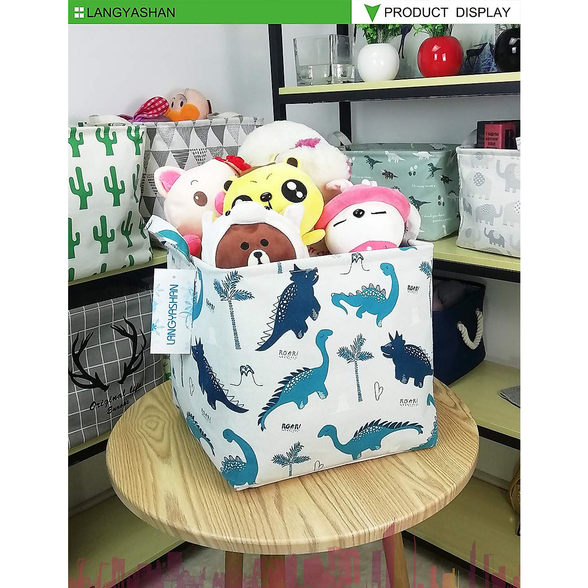 LANGYASHAN Square Storage Baskets Waterproof Canvas Children Laundry Nursery Hamper for Shelves Gift Baskets Toy Organizer Room Decor (Square Dinosaur)