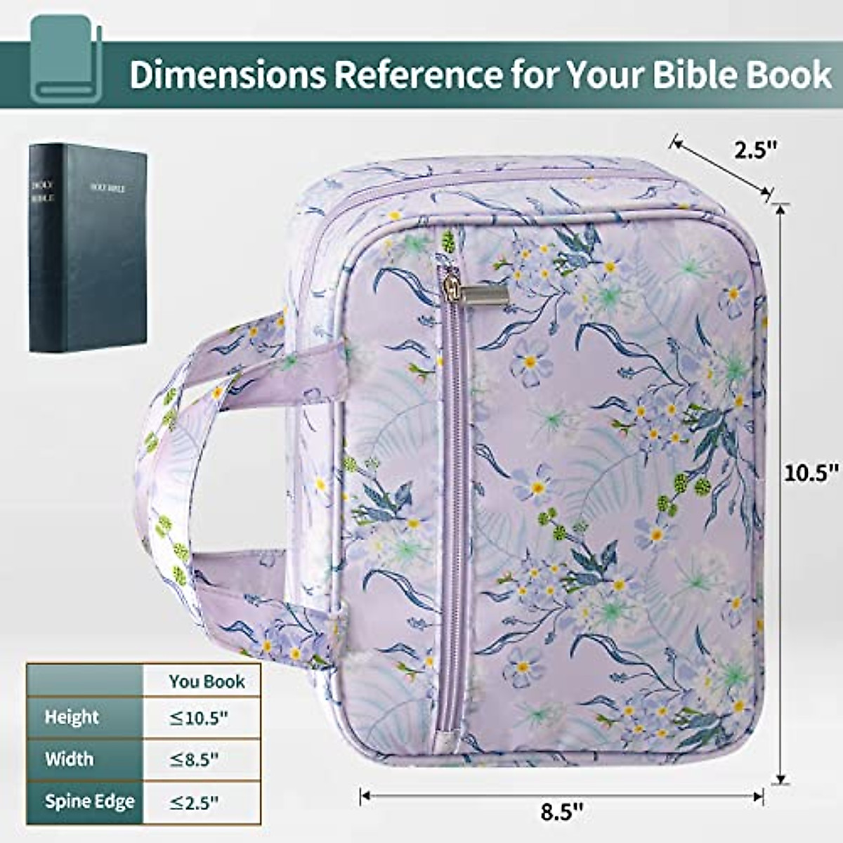 easymake Bible Covers for Women Zippered Pocket Bible Bags Carrying Case with Handles, Bible Cases Multi-Functional Organizer with Floral Pattern Purple on Cover, Gifts for Kids Girls Women