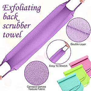 Exfoliating Back Scrubber with Handles 4 Packs Nylon Back Exfoliator Extended Length Back Washers Scrubbers Stretchable Pull Strap Exfoliating Washcloth (Pink, Blue, Fluorescent Green, Purple)