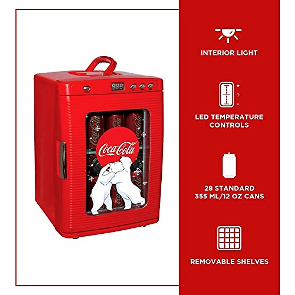 Coca-Cola Polar Bear 28 Can Cooler/Warmer w/ 12V DC and 110V AC Cords, 25L (28 qt) Portable Mini Fridge w/Display Window, Travel Refrigerator for Snacks Lunch Drinks, Desk Home Office Dorm, Red