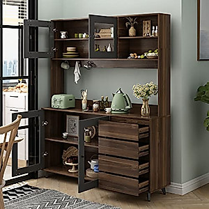 FUFU&GAGA 74.8" Tall Kitchen Pantry Cabinet with 4 Drawers, 4 Doors & Microwave Stand, Freestanding Hutch Cabinet with Buffet Cupboard for Kitchen, Dinningroom (Black/Brown)