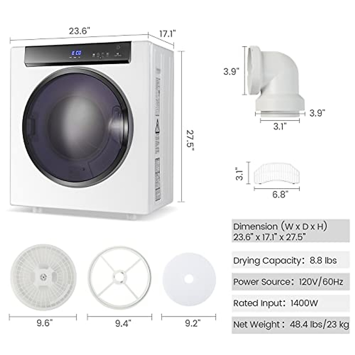 PETSITE Portable Clothes Dryer, Electric Compact Laundry Dryer w/ 3 Heating Levels, IHS & ECO Mode, Stainless-Steel Drum, Overheat Protection, 8.8 lbs Capacity, Ideal for Apartment, Home, Dorm, 1400W, White