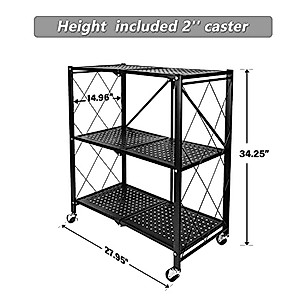 Miibox 3-Tier Heavy Duty Foldable Metal Rack Storage Shelving Unit with Wheels Moving Easily Organizer Shelves Great for Garage Kitchen Holds up to 750 lbs Capacity, Black (HKSHLFFOLD28153403BV6)