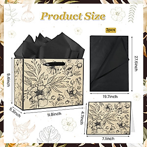 Yoirrat Vintage Floral Gift Bag Christmas Paper Bag Black Flowers Wrapping Bag with Paper Card Vintage Wildflower Gift Wrap Bag for Women Wedding Bridal Christmas Anniversary Birthday Party Supplies