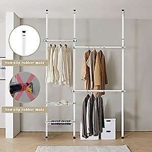 Tangkula Double 2 Tier Adjustable Closet System, Floor to Ceiling Clothes Hanger with 2 Storage Baskets & Inner Spring, Clothing Garment Rack Telescopic Closet Organizer for Living Room, Bedroom