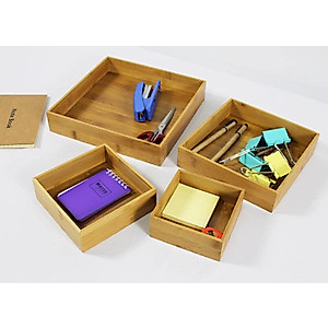 Bam & Boo - 4-Pieces Square Natural Bamboo Desk Drawer Organizer Trays & Storage Bins (Multi Sizes) - for Office, Kitchen, Dresser