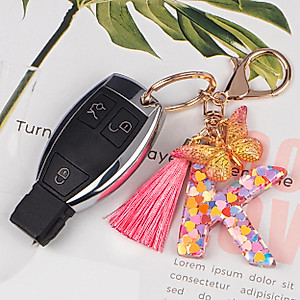 Suweibuke Colourful Cute Initial Letter Keychains for Women Girls with Tassel Butterfly, Charm for Purse Backpacks Handbags Schoolbags (Colorful Pink-K)
