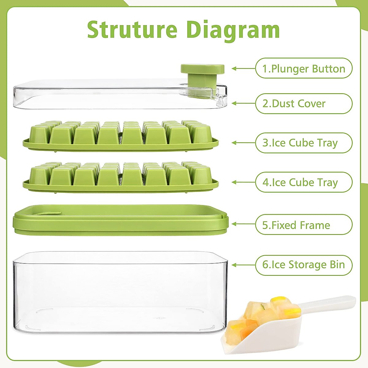 CTSZOOM Ice Cube Tray with Lid and Bin &Scoop, 64 pcs Ice Cubes Molds 2 Trays, Ice Cube Tray Mold for Freezer with One Large Square Ice Cube Molds for Whiskey, Cocktail (Green)