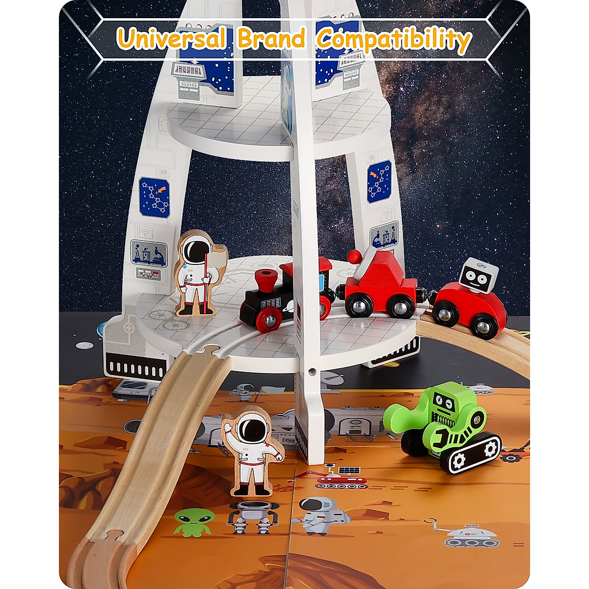 SainSmart Jr. Wooden Train Track Accessory, Space Launcher Rocket Ship Play Set with Astronauts, Compatible with Brio, Thomas, Melissa and Doug