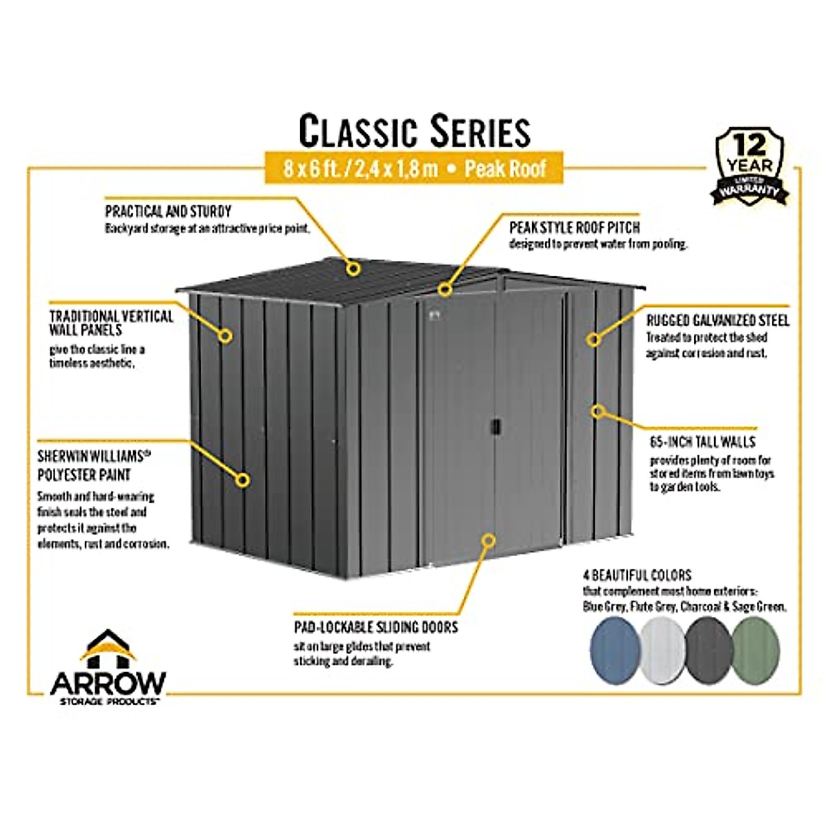 Arrow Shed Classic 8' x 6' Outdoor Padlockable Steel Storage Shed Building, Charcoal