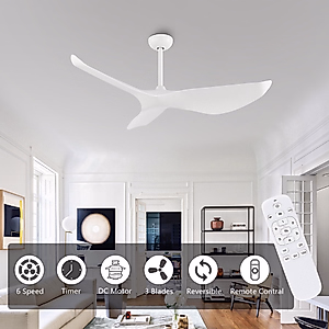 LEDLUX 52" Ceiling Fan no Light, 6 Speed Remote Control, Noiseless Reversible DC Motor, Modern 3 ABS Blades Ceiling Fan with 4.5"/12" Downrods for Bedroom/Living Room/Kitchen White