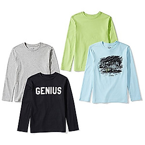 Amazon Essentials Boys' Long-Sleeve T-Shirts - Discontinued Colors, Pack of 4, Aliens Print/Genius/Green/Grey, Small