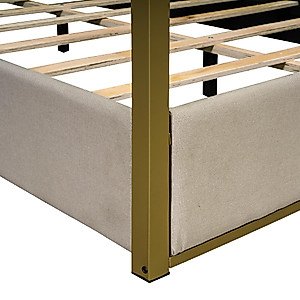 XD Designs Modern 4-Poster Canopy Platform Bed Queen Size with Channel Upholstery Tufted Headboard, Gold Metal Canopied Design Platform Bed Frame with Strong Slats Support (Beige+U)