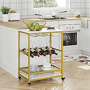 HITHOS Industrial Bar Carts for The Home, Mobile Serving Cart with Wine Rack and Glass Holder, Beverage Cart, on Wheels, Rolling Drink Trolley Living Room, Kitchen, White Gold