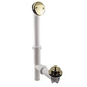 Westbrass 594244-01 14" White Tubular Bath Waste & Overflow Assembly with Twist & Close Drain Plug and 2-Hole Faceplate, Polished Brass