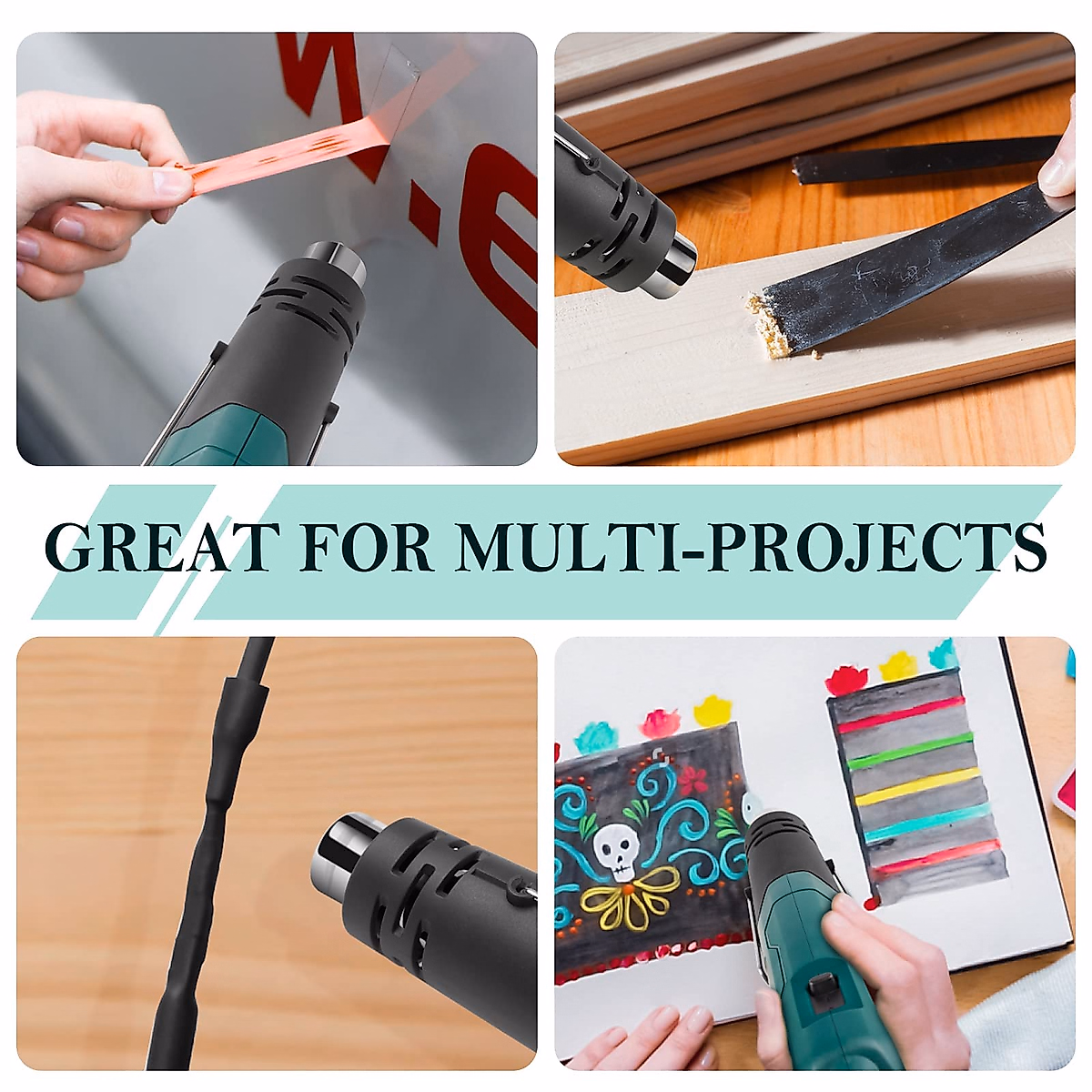 PRULDE Mini Heat Gun, 380W 2-Temp 480°F-850°F (250°C-450°C) Fast Heat Hot Air Gun with 6.56Ft Cord & Reflector Nozzle for Crafting, Vinyl Wrap, Embossing, Shrink Tubing/Wrapping, Epoxy Resin