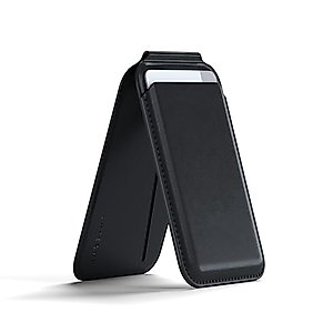 Satechi Magnetic Magsafe Wallet, Vegan-Leather Double Flap Stand Card Holder, 4 Slots with Front NFC Pass-Through, Adjustable Phone Attachment for iPhone 16/15/14/13/12, Travel Accessory, Black
