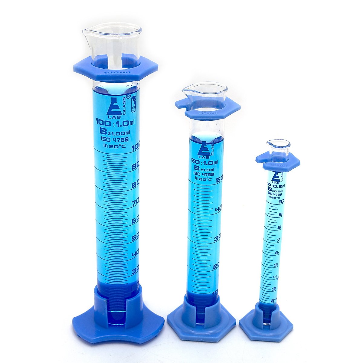 EISCO Graduated Cylinder Set, Class B - 10mL, 50mL & 100mL - Detachable, Plastic Hexagonal Bases & Protective Collars - Blue Graduations - Borosilicate Glass