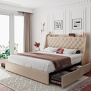 iPormis King Bed Frame with 4 Storage Drawers, Upholstered Platform Bed Frame with Type-C & USB Ports, Wingback Storage Headboard, Solid Wood Slats, No Box Spring Needed, Beige