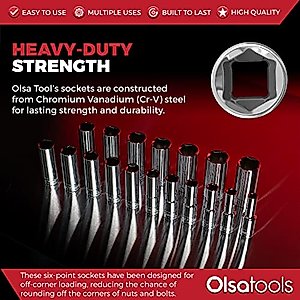 Olsa Tools Metric Socket Set (18pc) | 1/2-Inch Drive | 6-Point Deep Socket Set | Metric Sizes from 10 mm to 27 mm | Mechanic Metric Socket Sets | Long Chrome Sockets | Professional Grade