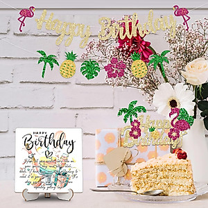 Glitter Tropical Happy Birthday Banner Luau Birthday Banner and Birthday Cake Toppers Flamingo Flower Banner for Summer Birthday Party Decorations Theme Baby Shower Supplies