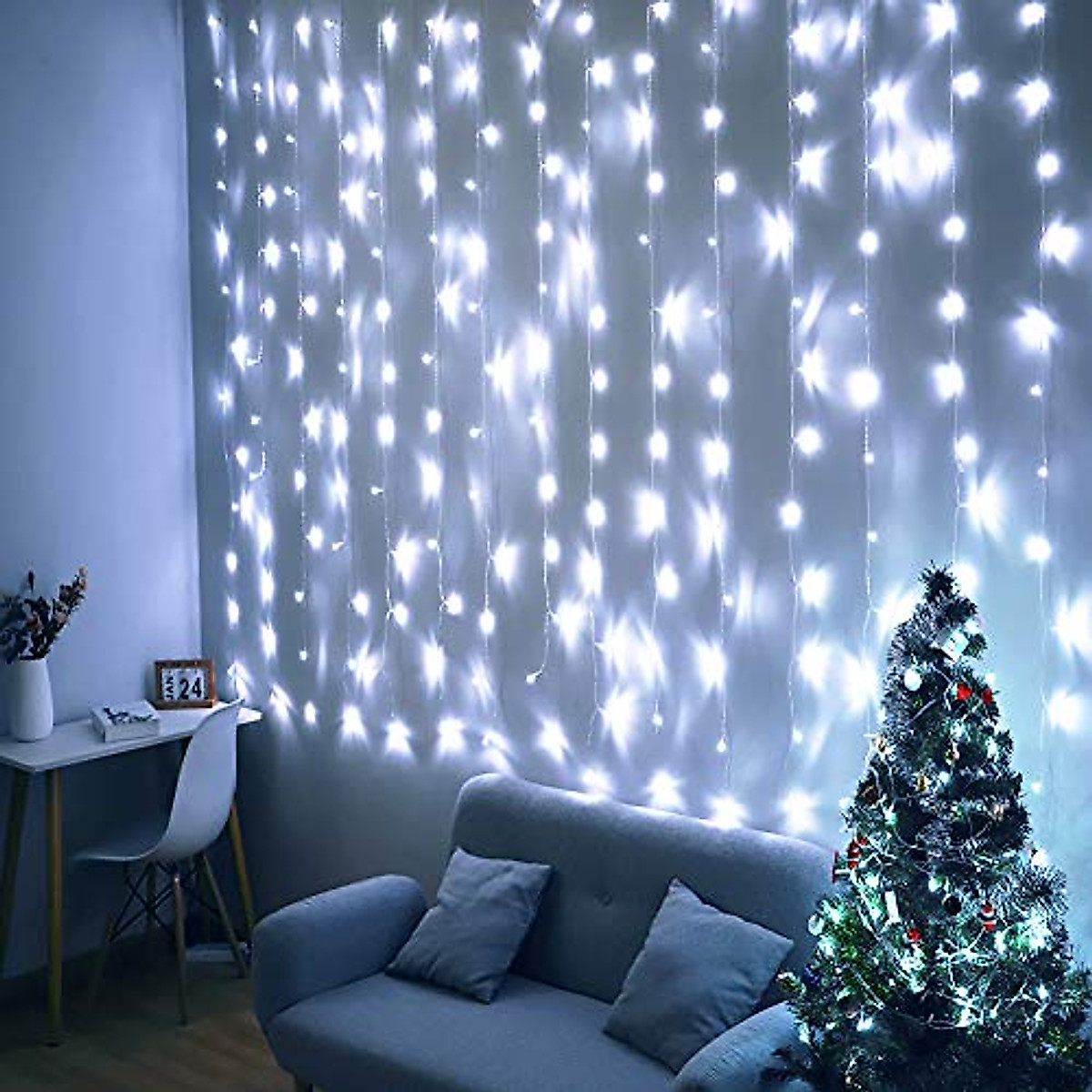 HEYFUNi Fiee Curtain Lights,13ftx6.5ft Safety Window Curtain Icicle String Lights 30V 8 Modes for Christmas Wedding Party Home Garden Bedroom Outdoor Indoor Wall Decorations,White