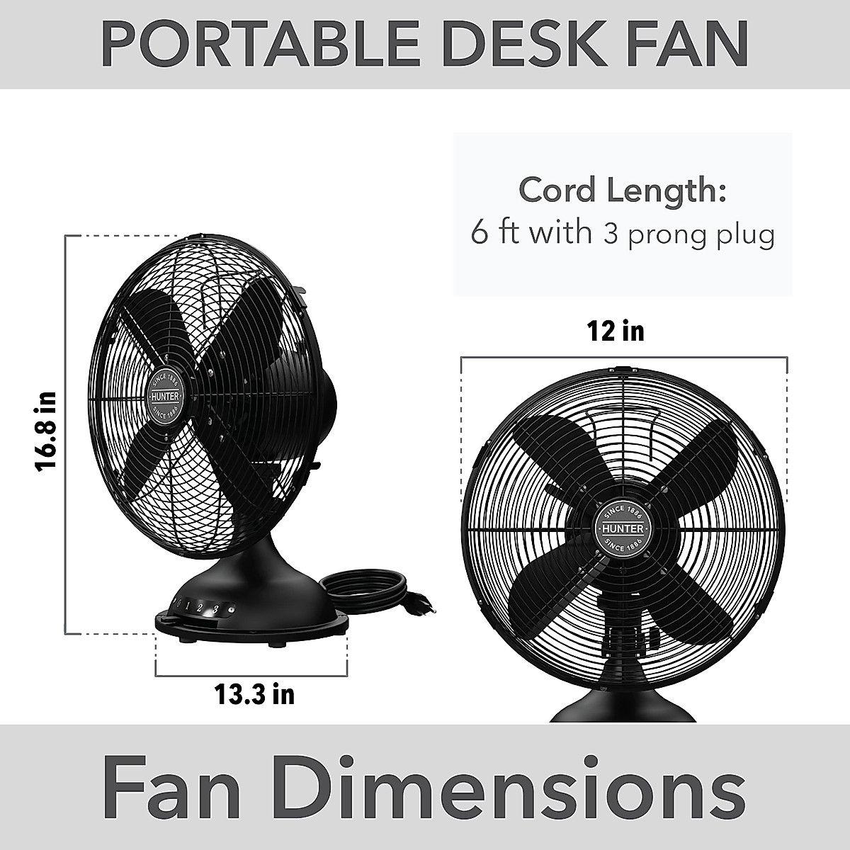 Hunter Classic D12 Portable Desk Fan 12 inch, 3 Speed, Matte Black, 97314