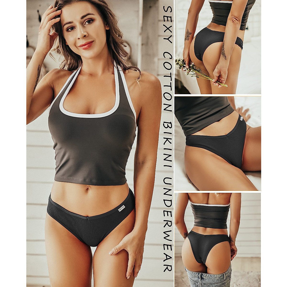 FINETOO 10 Pack Womens Cotton Underwear Sexy Stretch Bikini Panties Low Rise Hipster Ladies Soft V-Waist Cheeky(L)