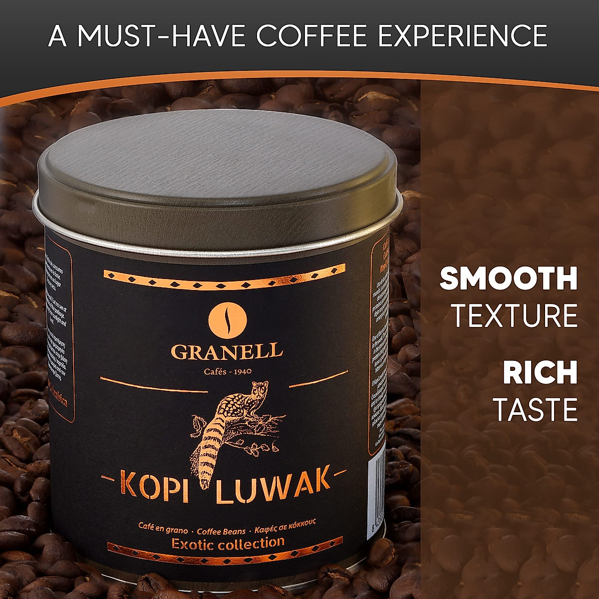 Cafés Granell Wild Civet Arabica Coffee Beans, Medium Roast Gourmet Indonesian Luwak Coffee Gifts, 100g