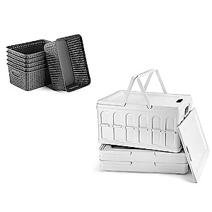 AREYZIN Set of 6 Small Plastic Storage Baskets + Set of 3 Large Collapsible Storage Bins with Lids
