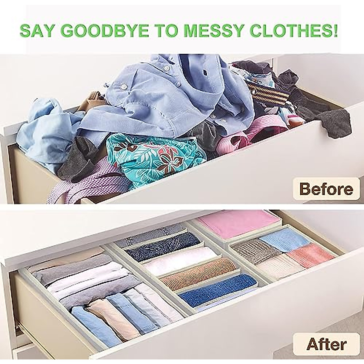 FFVLLAFE 6 Pack Sock Underwear Drawer Organizer Dividers, Foldable Fabric Dresser Closet Organizers and Storage Bins for Clothing, Baby Clothes, Bra, Panty, Scarf, Ties (Gray)