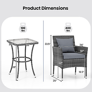 KOTEK 3 Pieces Patio Furniture Set, PE Rattan Outdoor Conversation Set with Tempered Glass Table & Soft Cushions, Wicker Bistro Set for Garden, Porch, Balcony (Grey)