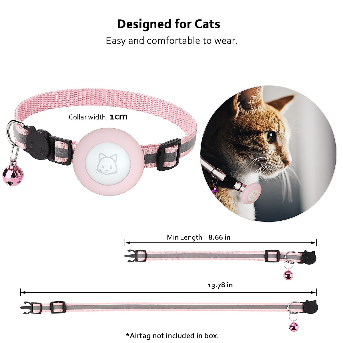 Airtag Cat Collar with Breakaway Bell, Reflective Adjustable Strap with Air Tag Case for Cat Kitten (Pink)