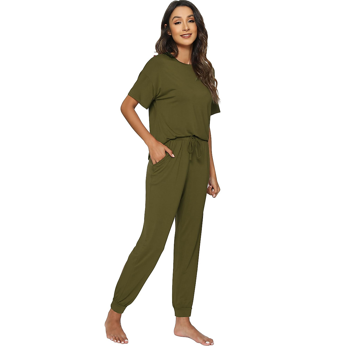 WiWi Viscose from Bamboo Pajamas Set for Women Short Sleeve Loungewear 2 Piece Outfit Long Pants Jogger Sets S-XXL, Dark Army Green, Medium