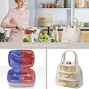 BAKLUCK Lunch Bag Women, Insulated Lunch Box Bag Compact Size with Large Capacity Lunch Tote Bag, Simple Modern Double Decker Waterproof PU Leather - Beige Lunch Bag for Work, Picnic, Travel