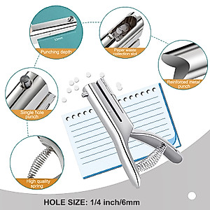 Single Hole Punch 2 Inch Reach Deep Throat Heavy Duty Hole Punch Tab Zinc Alloy Silver Long Hole Punch 1/4 Inch Hole Hand Held Leather Hole Punch for Scrapbook Tab Paper ID Card PVC Card Badge Photos