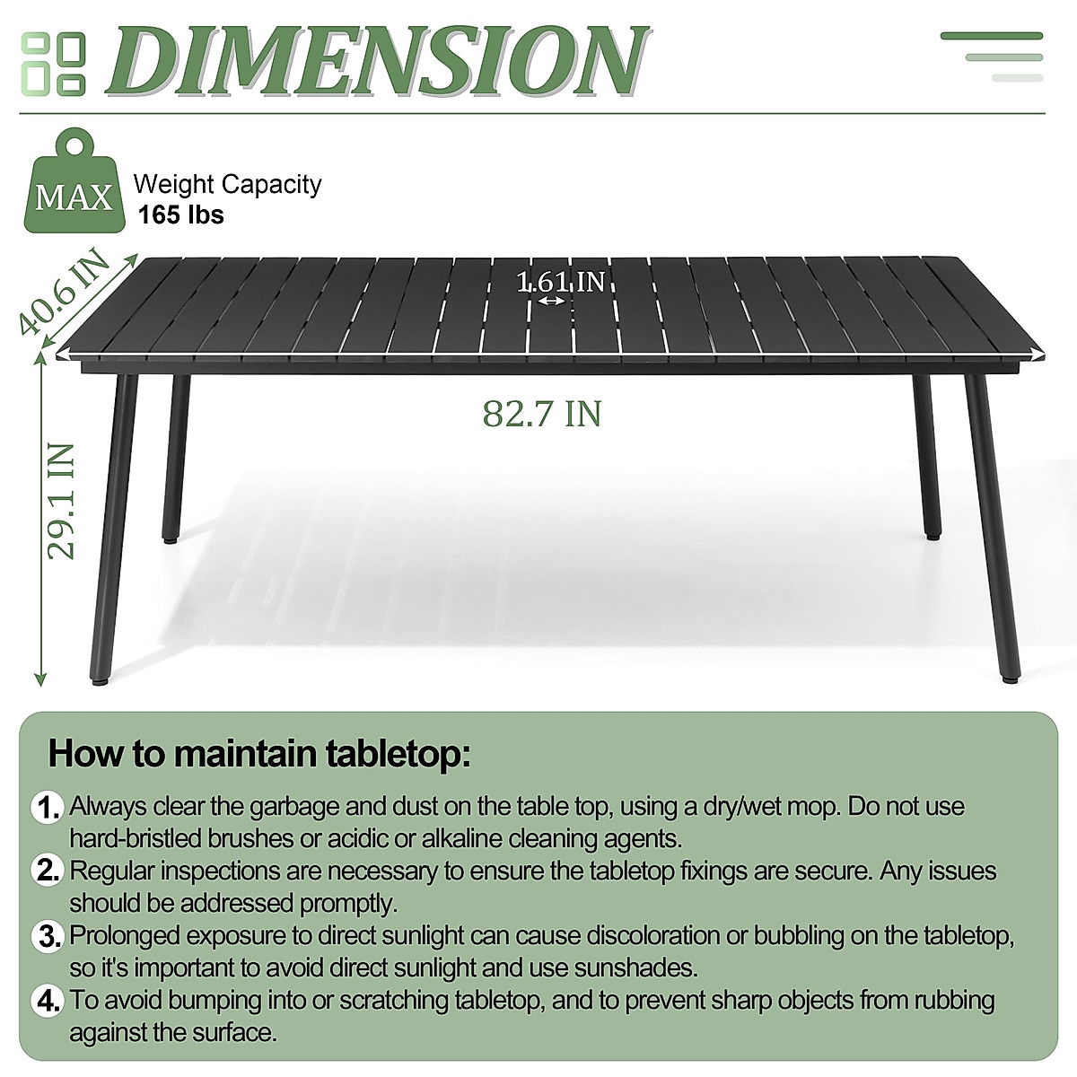 VredHom Outdoor Dining Table, 82.7 inch Patio Dining Table with Wooden-Like Top and Aluminum Frame, Rectangular Table with Umbrella Hole Outdoor Furniture, Black