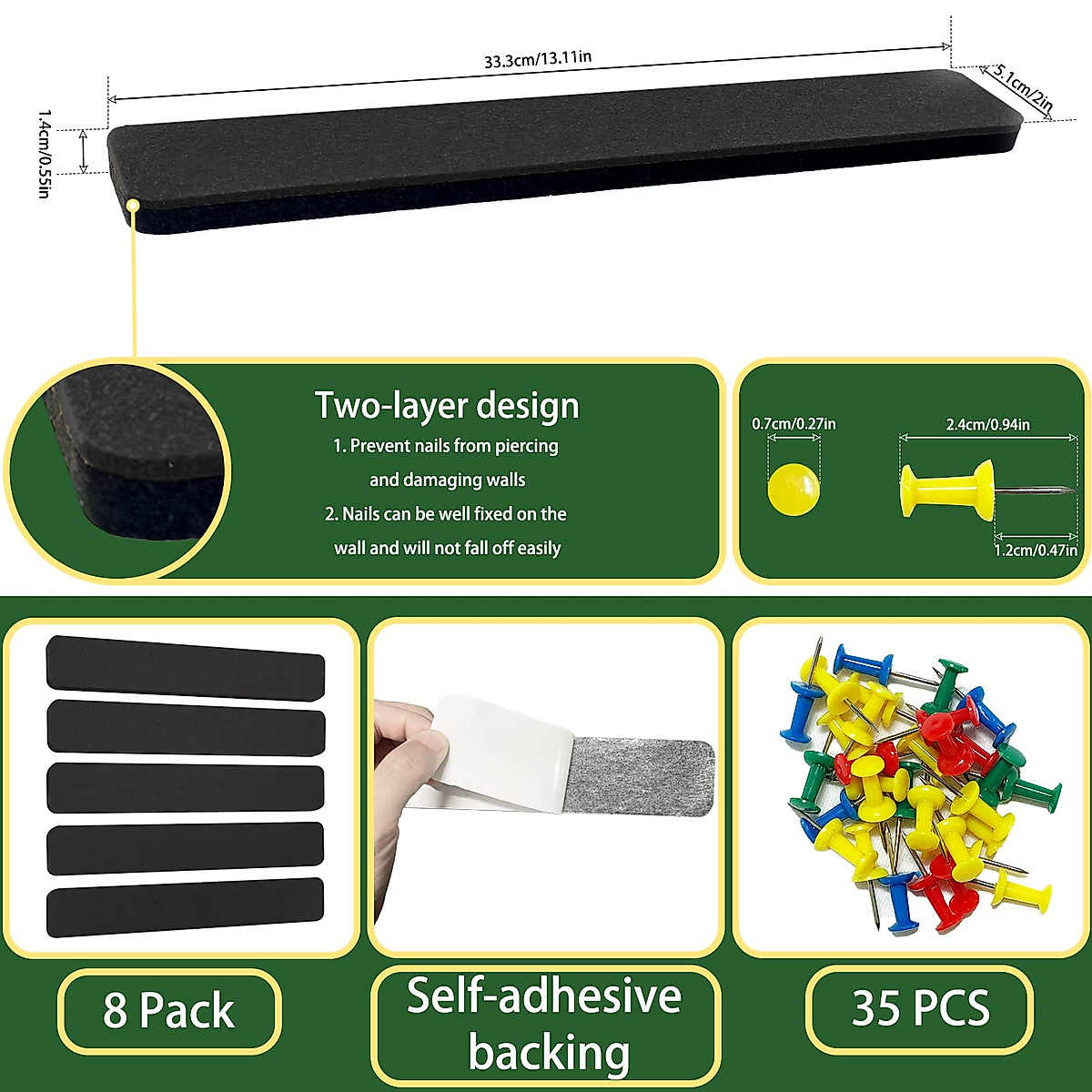 Bulletin Board, Jeethemy Felt Pin Board Bar Strips, Self Adhesive Cork Boards for Walls with 35 Push Pins for Bedrooms Offices Home Decoration,5 Pack,Black