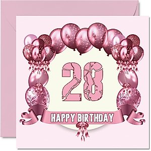 Fun 28th Birthday Cards for Woman - Birthday Balloons - Happy Birthday Card for Daughter Sister Aunt Niece Cousin, 5.7 x 5.7 Inch Greeting Cards, 28th Birthday Card