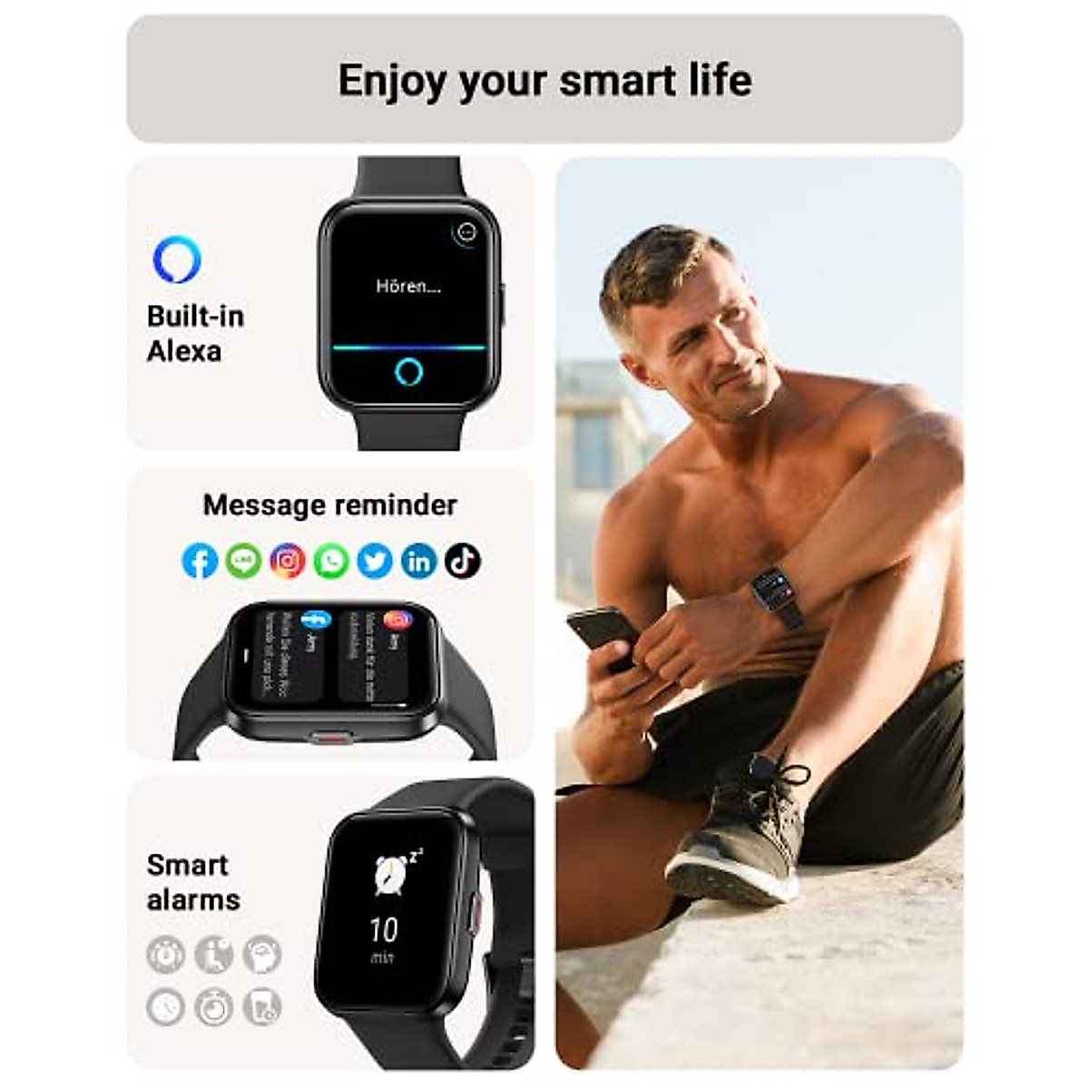 Smart Watch for Men Women(Call Receive/Dial), Alexa Built-in, 1.7" Touch Screen Fitness Tracker with Heart Rate Sleep Tracking, 60 Sports Modes, 5ATM Waterproof Smartwatch for Android iPhone, Black