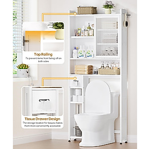 Cozivolife Over The Toilet Storage Cabinet with Acrylic Door Panel and Paper Towel Drawer, Bamboo Toilet Shelf, Organizer Rack Above Toilet for Bathroom (Without Power Strip, White)