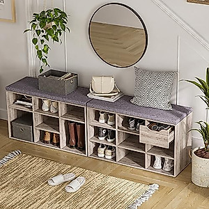 DINZI LVJ Shoe Bench,Entryway Storage Bench with Drawer and 8 Cubbies,Cubby Rack Adjustable Shelves,Shoe Organizer Cabinet for Living Room,Bedroom,Mudroom,Closet Garage,Greige (M04XD01XY01-1)