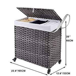 Crehomfy Laundry Hamper with Wheel and Removable Liner Bag, 130L Synthetic Rattan Wicker Handwoven Laundry Basket with Lid and Handle, 3 Section Divided Dirty Clothes Hamper for Laundry Bedroom Gray