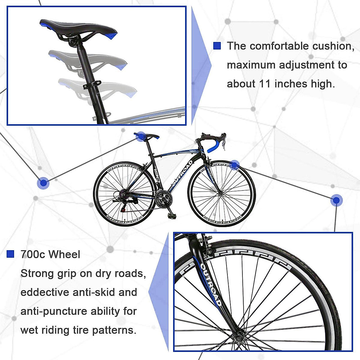 PanAme 21 Speed Road Bike with Light Aluminum Alloy Frame, 700C Wheel Commuter Bicycle with Dual V Brakes, 26” Faster Racing Bike for Men and Women, Triathlon Bike for Adult (FT-Blue)