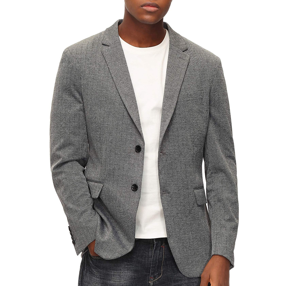 Men's Casual Blazer Slim Fit 2 Button Herringbone Suit Jackets Lightweight Knit Sport Coat Black XL