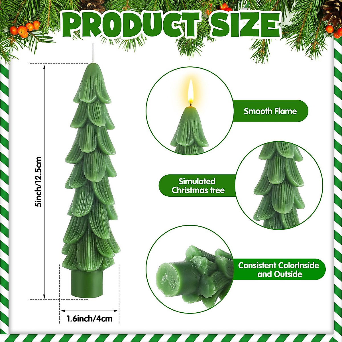 MTLEE 4 Pcs Christmas Tree Shaped Taper Candles Xmas Eve Holiday Candle Unscented Candlesticks for Christmas Party Room House Kitchen Decor Wedding Decorations Gift(Green,5 Inch)